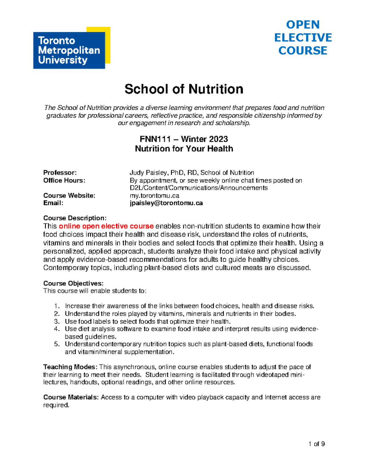 Winter 2023 FNN111 Course Outline: Nutrition for Your Health - Studocu