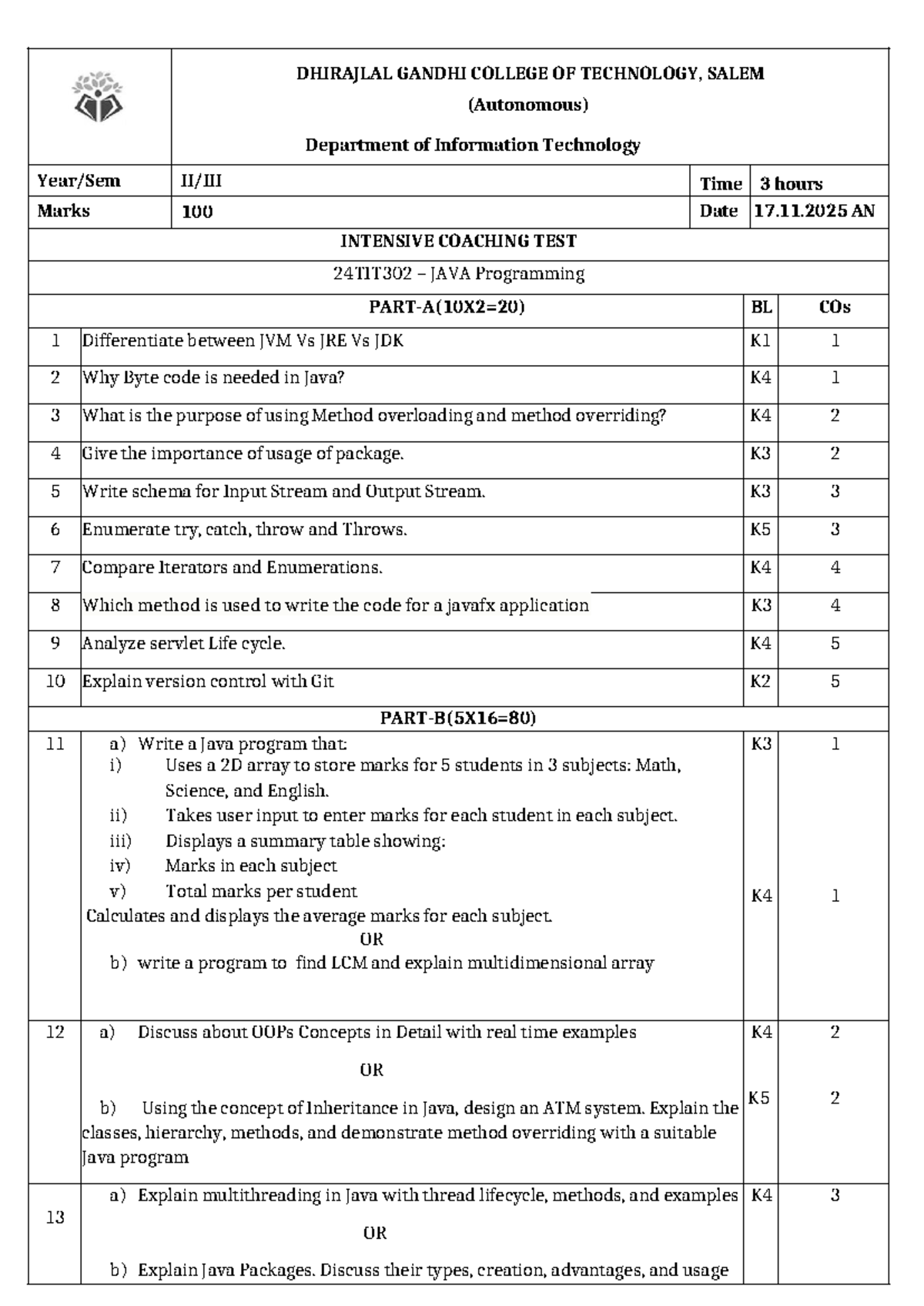 24TIT302 JAVA Programming Intensive Coaching Test Model SET-1 - Studocu