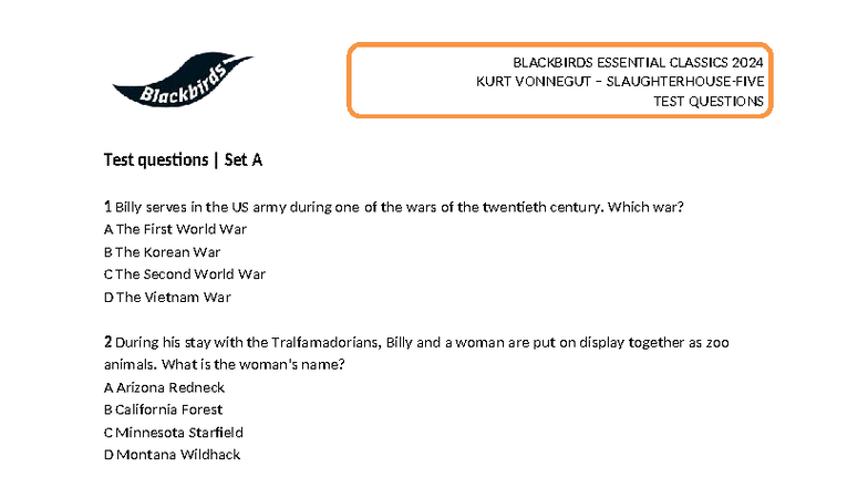 ENGL 2024 Slaughterhouse-Five: Comprehensive Test Questions Set A ...