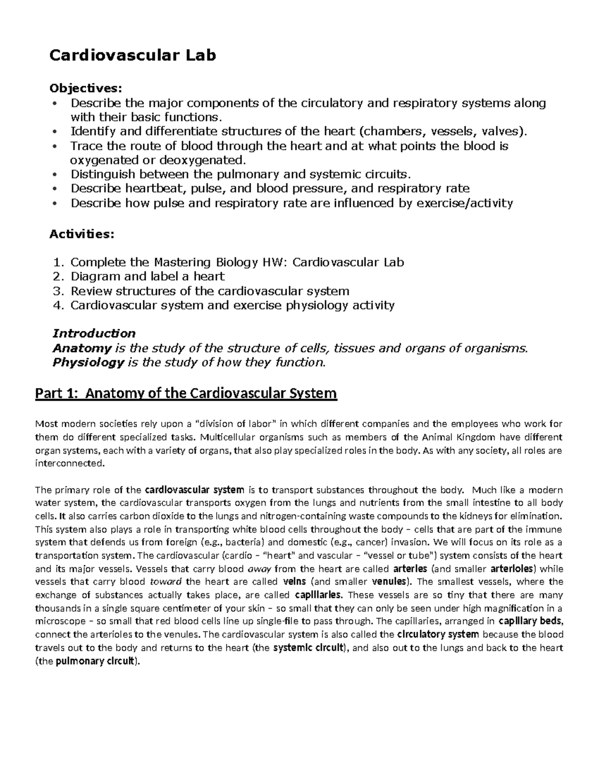 Cardiovascular Lab Objectives: Anatomy & Physiology of the Heart - Studocu