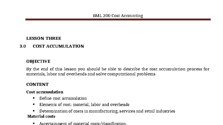 BML 300 Cost Accounting Lesson 3: Cost Accumulation & Inventory ...