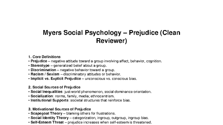 Myers Social Psychology: Prejudice Review Notes - Studocu