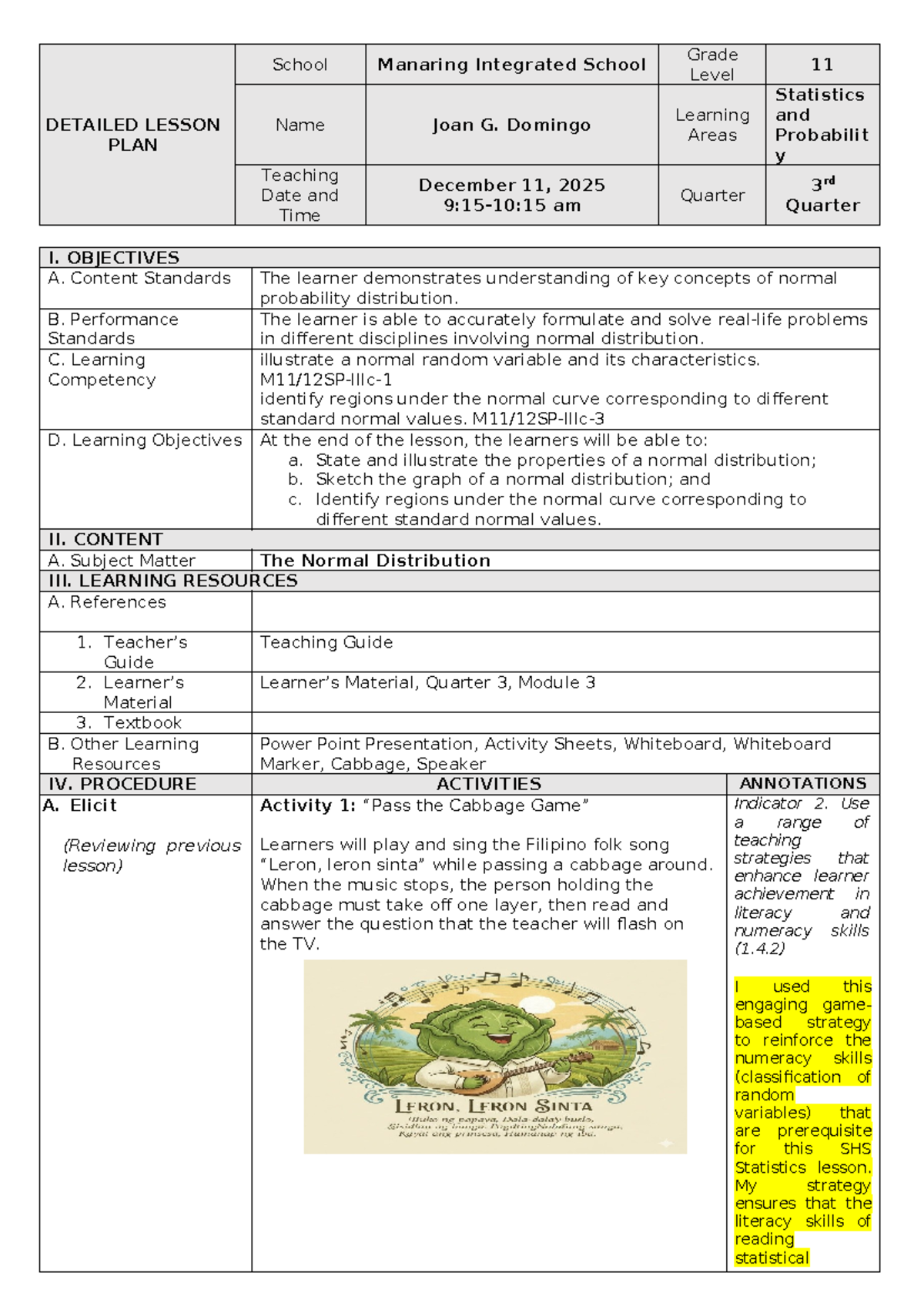 Detailed Lesson Plan on Normal Distribution (Statistics) - Joan G ...