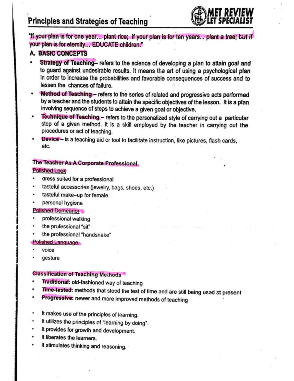 Principles of Teaching Curriculum Development - MET REVIEW Principles ...