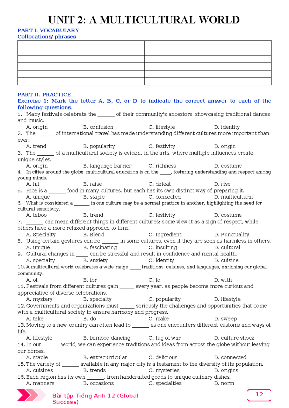 Unit 2: A Multicultural World Vocabulary & Practice Exercises (HS ...