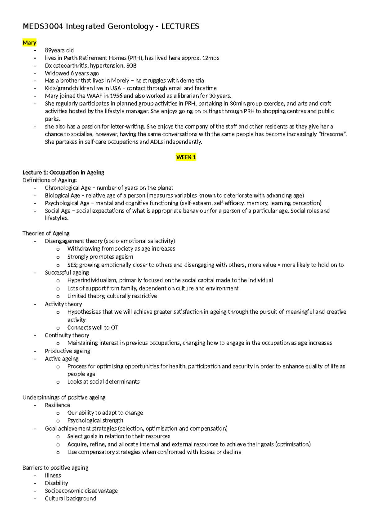 MEDS3004 Integrated Gerontology: Comprehensive Lecture Notes - Studocu