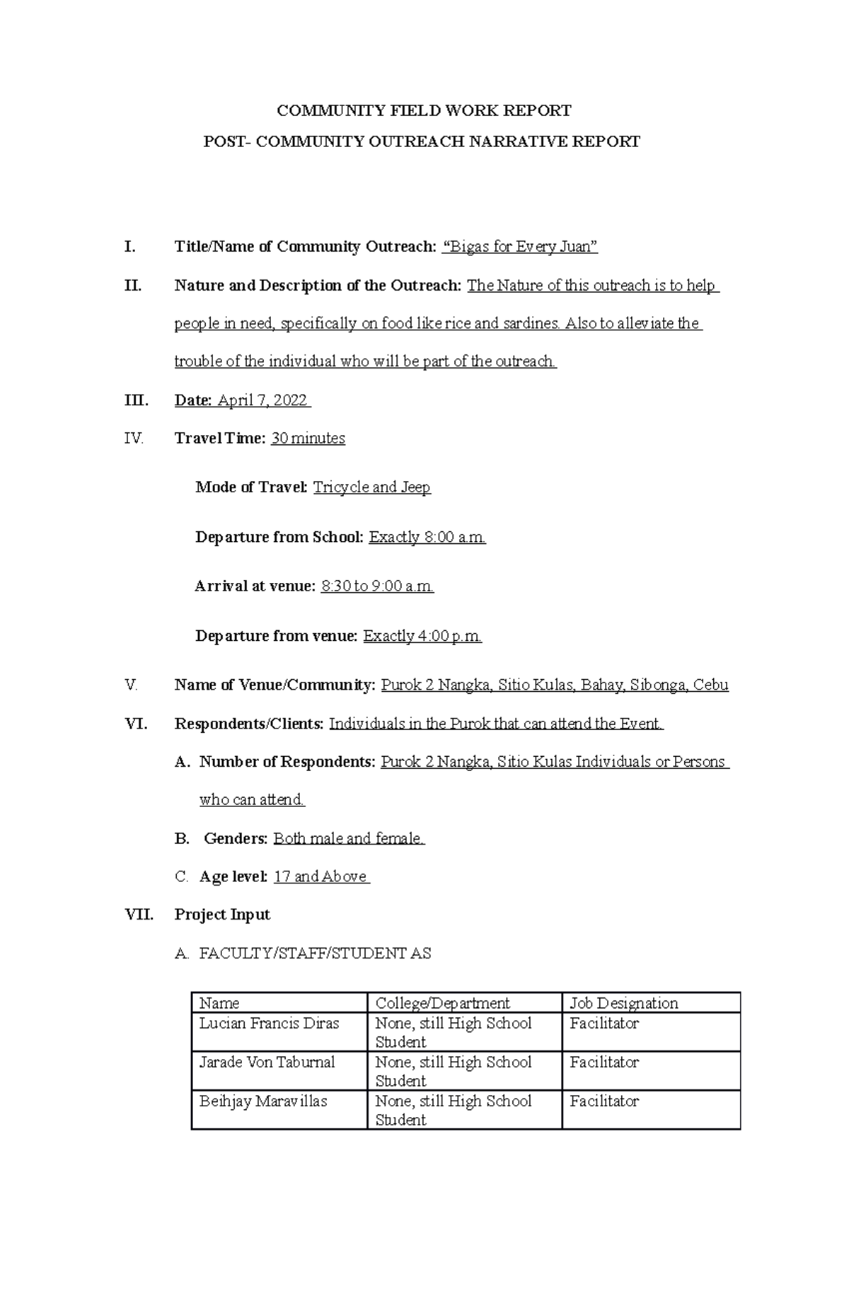 Community Field WORK Report - COMMUNITY FIELD WORK REPORT POST ...