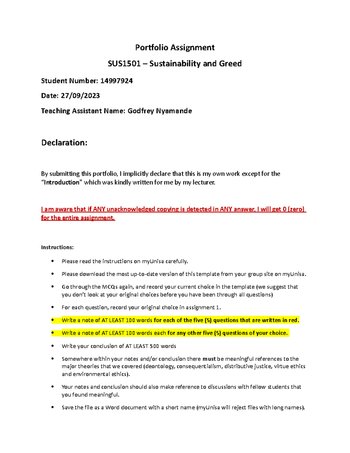 SUS1501 Portfolio Template: Sustainability and Greed Assignment Guide ...