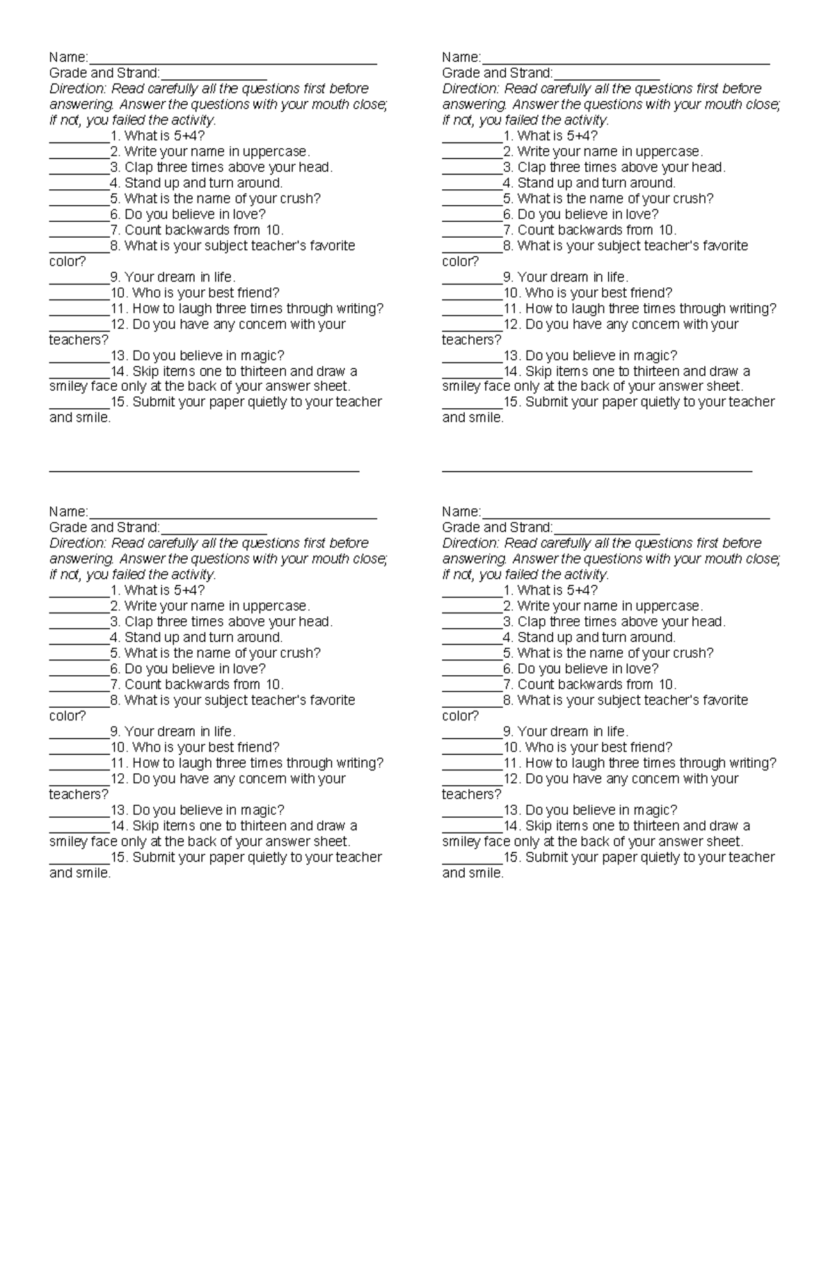 Oral Communication Activity: Fun Questions and Directions - Studeersnel