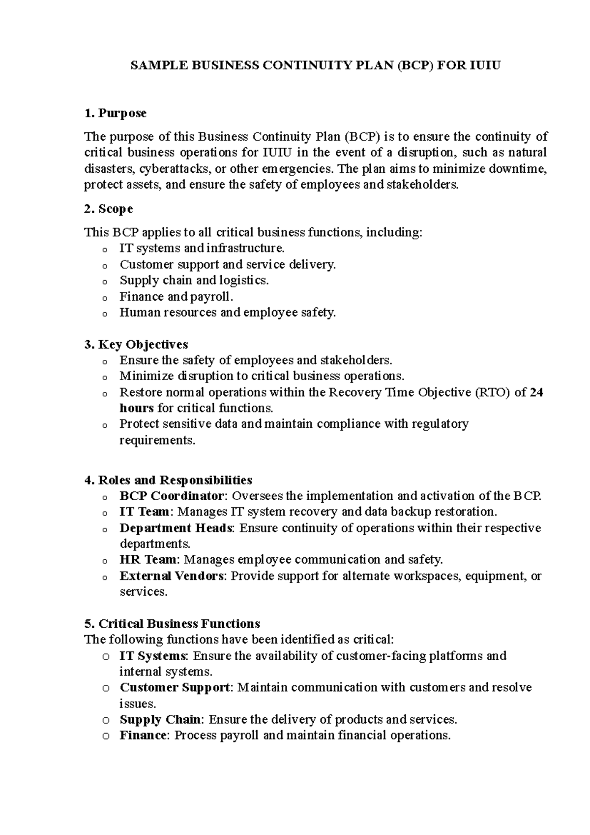 Sample Draft BCP - Example of BCP - SAMPLE BUSINESS CONTINUITY PLAN ...