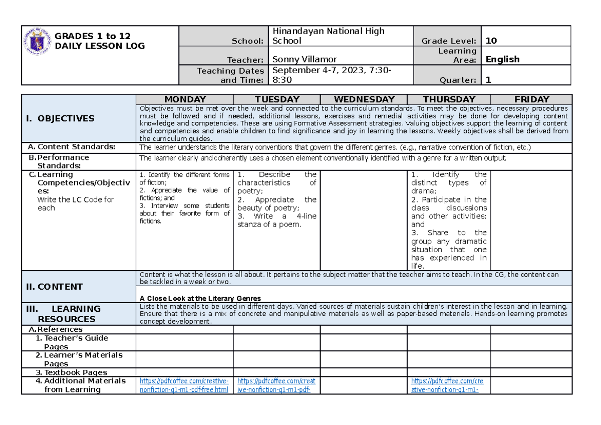 Creative Nonfiction DLL: Week 1 Lesson Plan for Grade 10 - Studocu