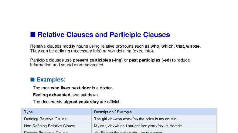 Advanced Grammar Guide: Relative & Participle Clauses - Studocu