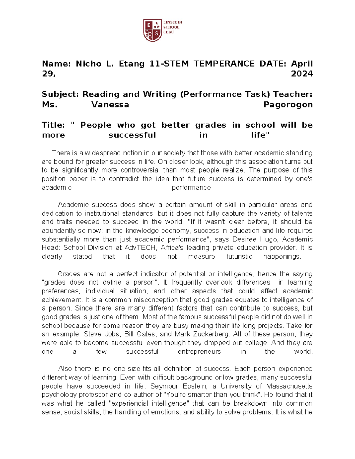 Name - fawf - Name: Nicho L. Etang 11-STEM TEMPERANCE DATE: April 29 ...