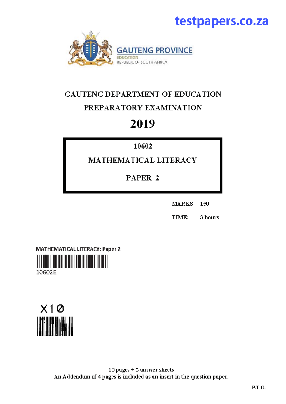 Grade 12 NSC Mathematical Literacy P2 2019 Preparatory Exam Paper - Studocu
