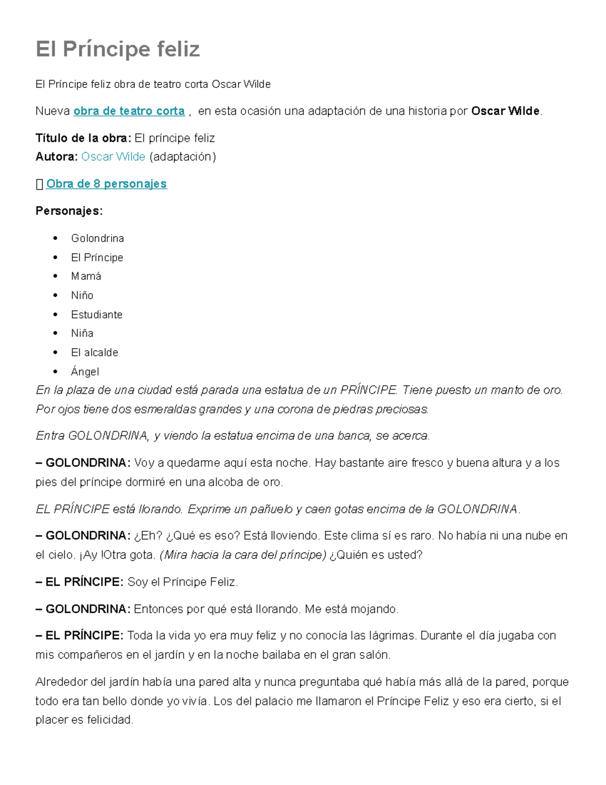 Obra de Teatro: El Príncipe Feliz de Oscar Wilde - Adaptación - Studocu