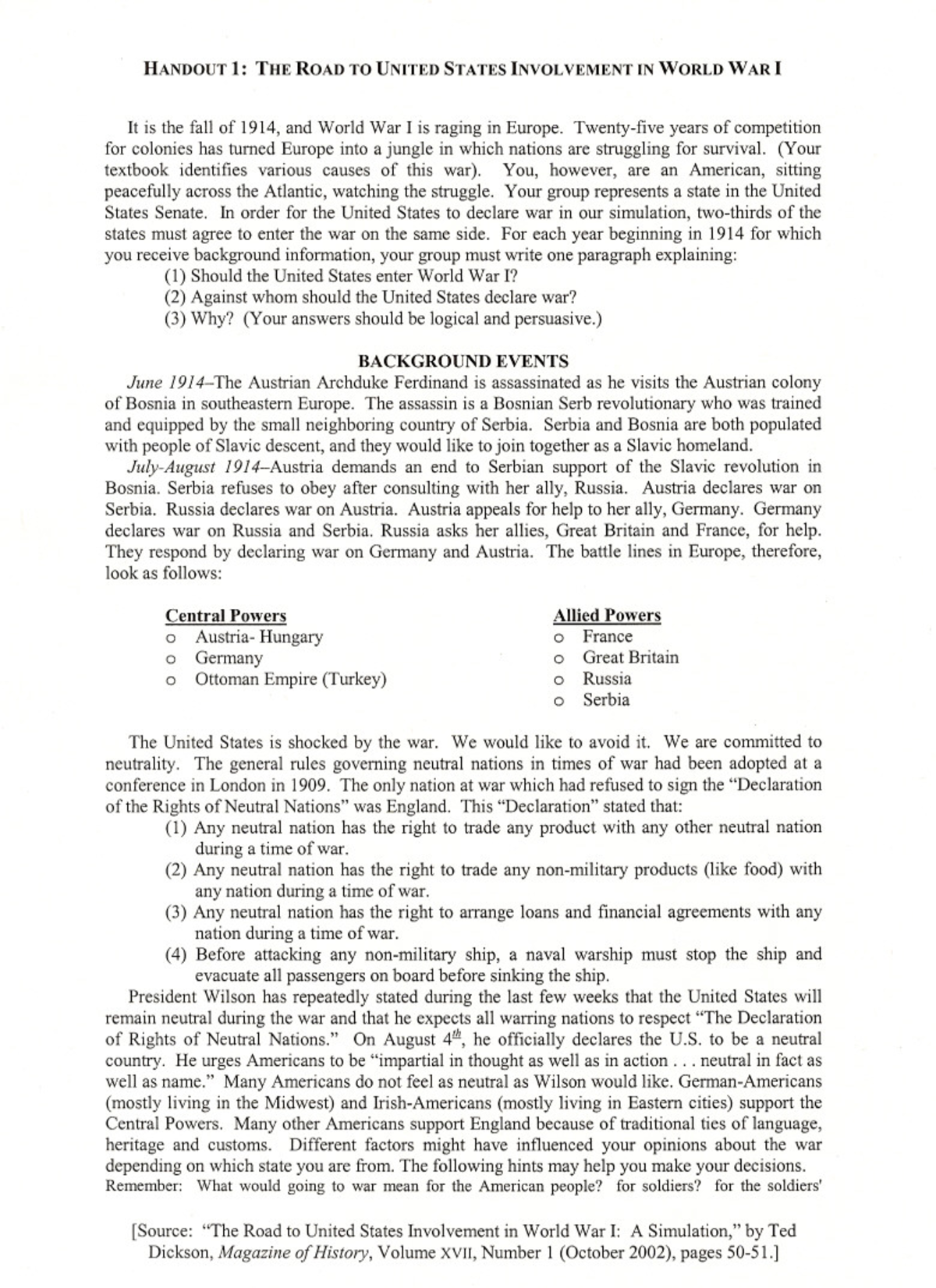 WWI Simulation Handout 1: U.S. Involvement in the Great War - Studocu