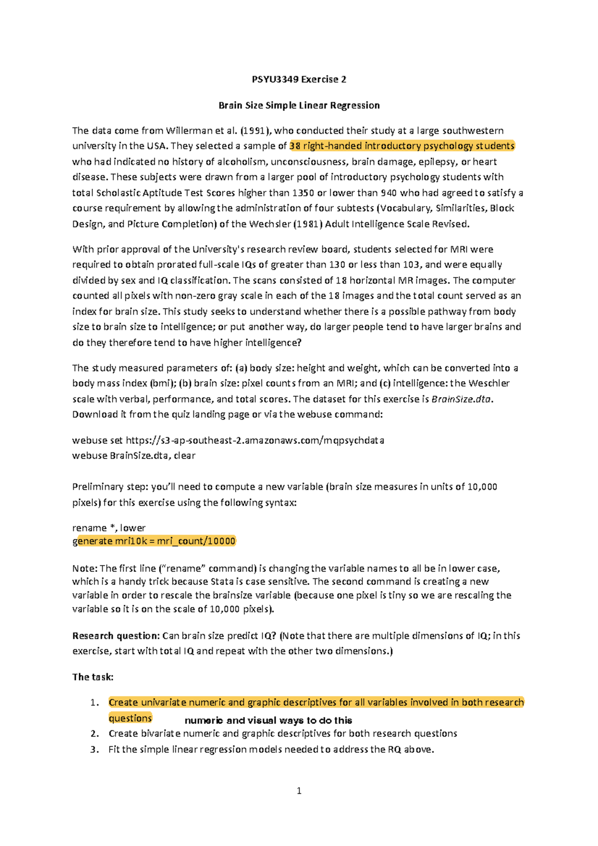 PSYU3349 Exercise 2: Brain Size & Simple Linear Regression Analysis ...