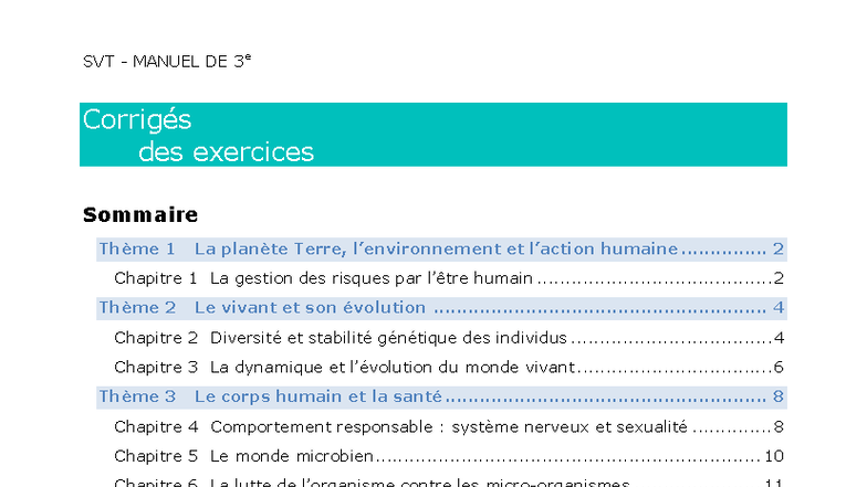 SVT MANUEL DE 3e - Corrigés des Exercices et Thèmes Éd. Hatier 2017 ...