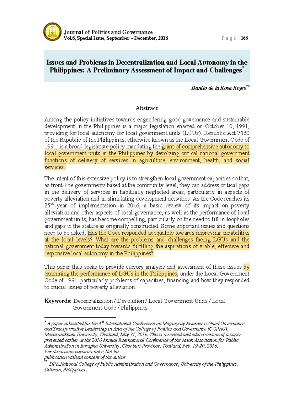 Issues and Challenges in Decentralization and Local Autonomy in the ...