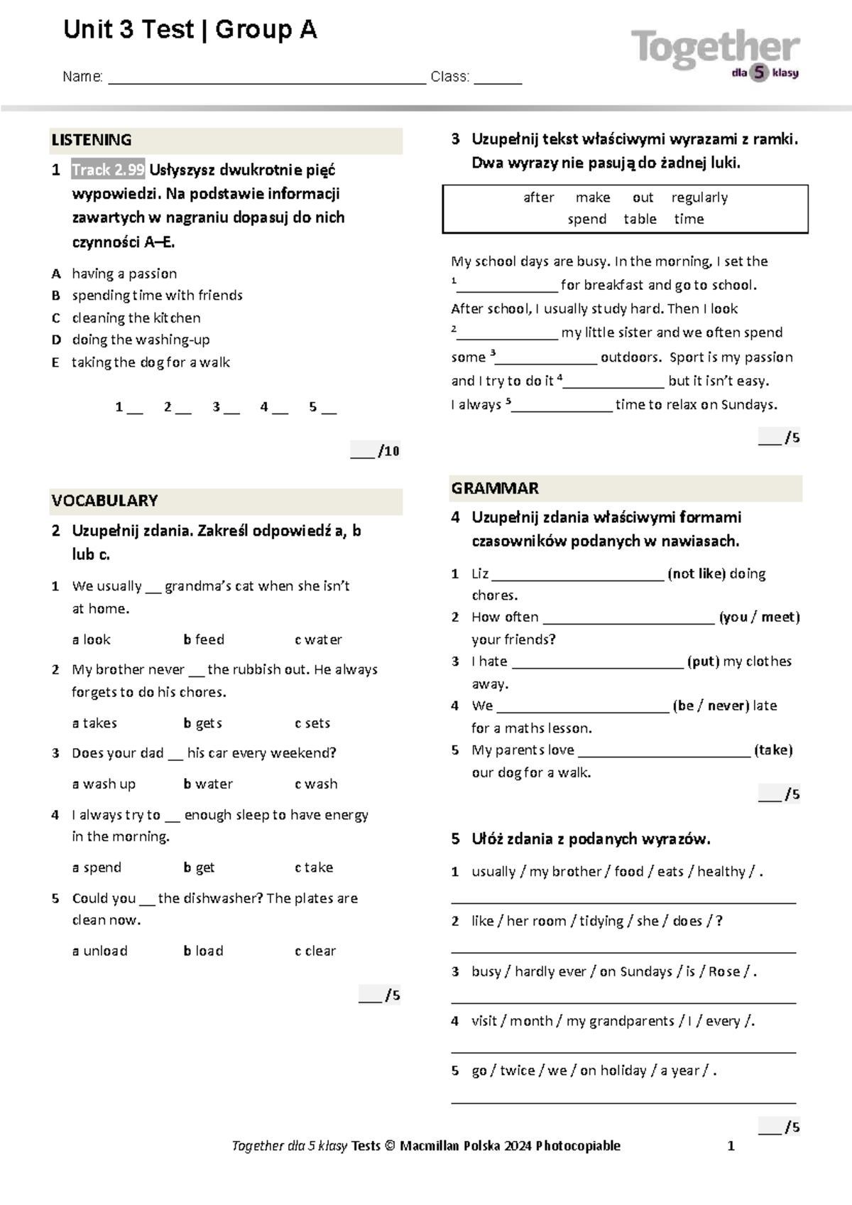 Together kl5 U3 Unit Test: Listening, Grammar, Vocabulary & Writing ...
