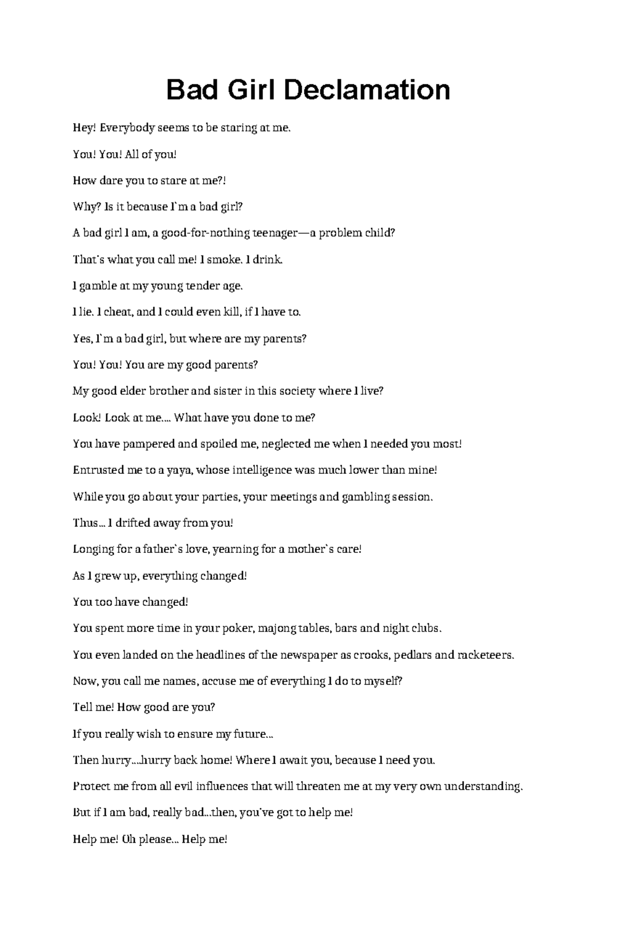 Bad Girl Declamation - A Cry for Parental Love and Guidance - Studocu
