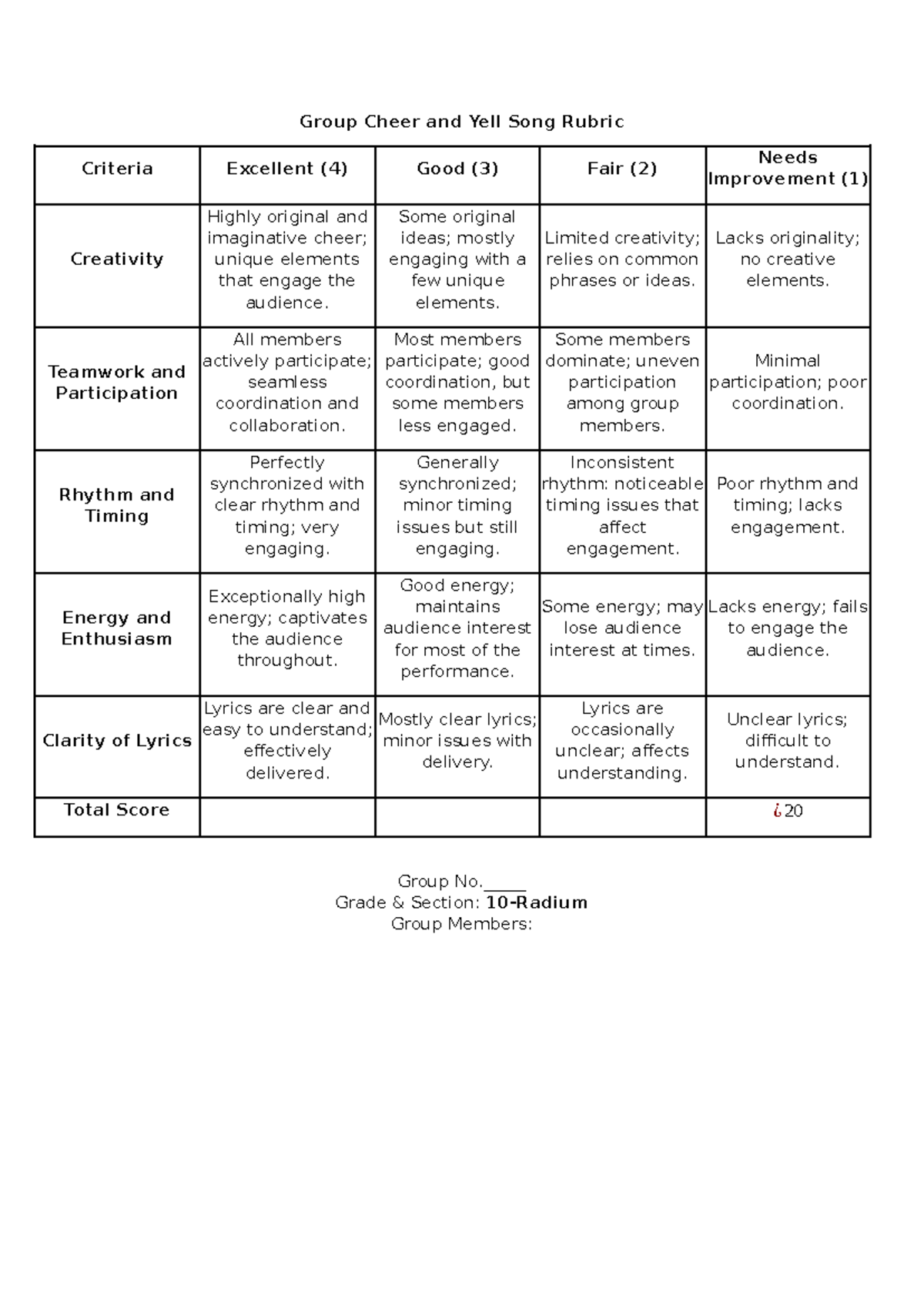 Group Cheer and Yell Song Rubric - Group Cheer and Yell Song Rubric ...