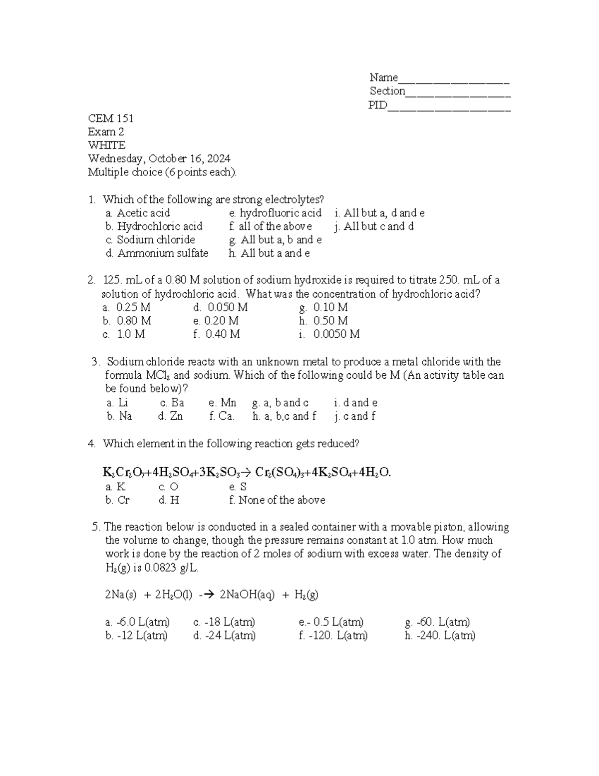 CEM 151 Exam 2 Review: Key Concepts & Practice Problems - Studocu