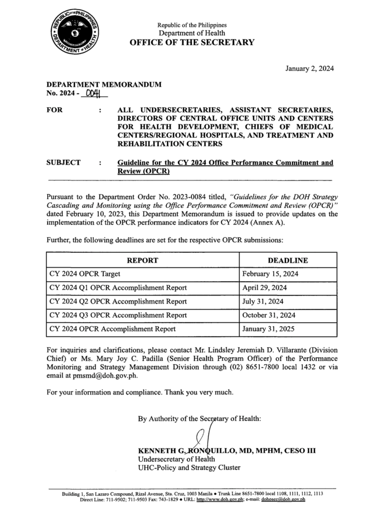 DM 2024-0041: Guidelines for CY 2024 OPCR Implementation - Studocu