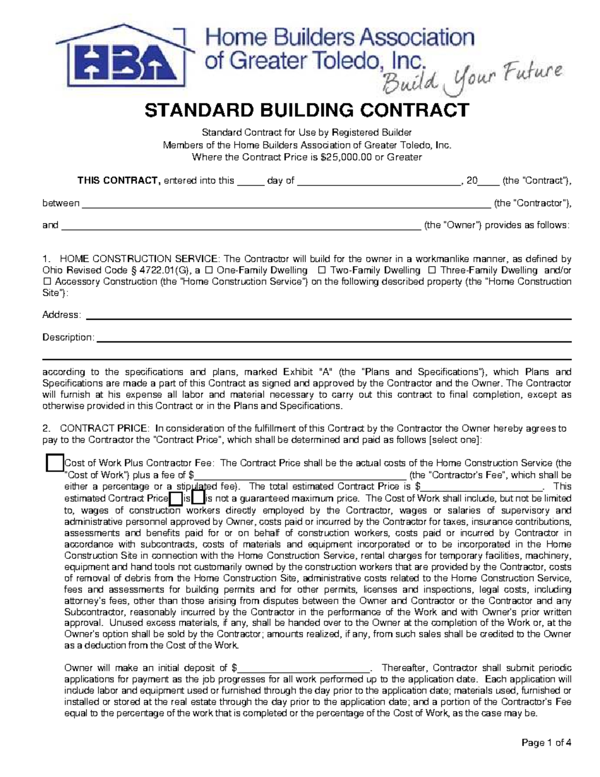 STANDARD BUILDING CONTRACT for Home Construction Services (755001954 ...