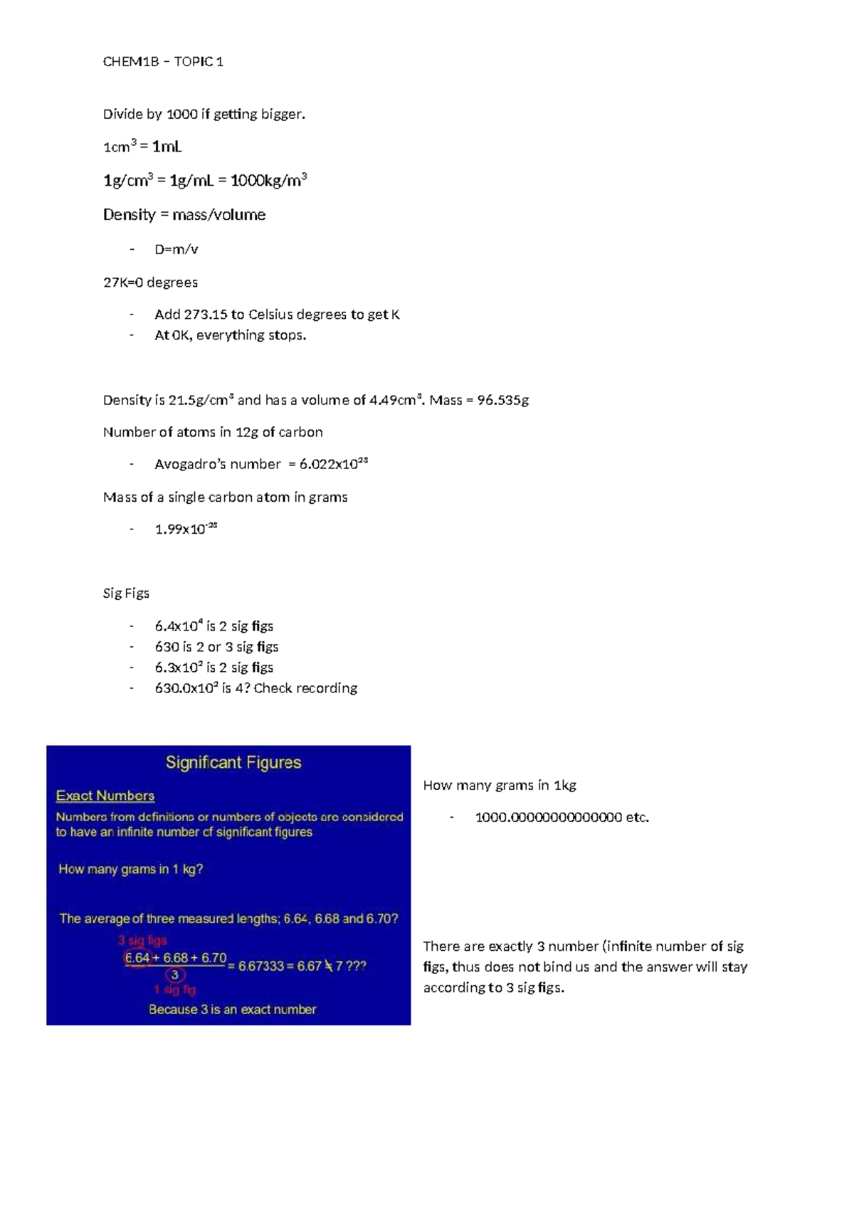 CHEM1B Topic 1 - Lecture Notes on Density and Sig Figs - Studocu