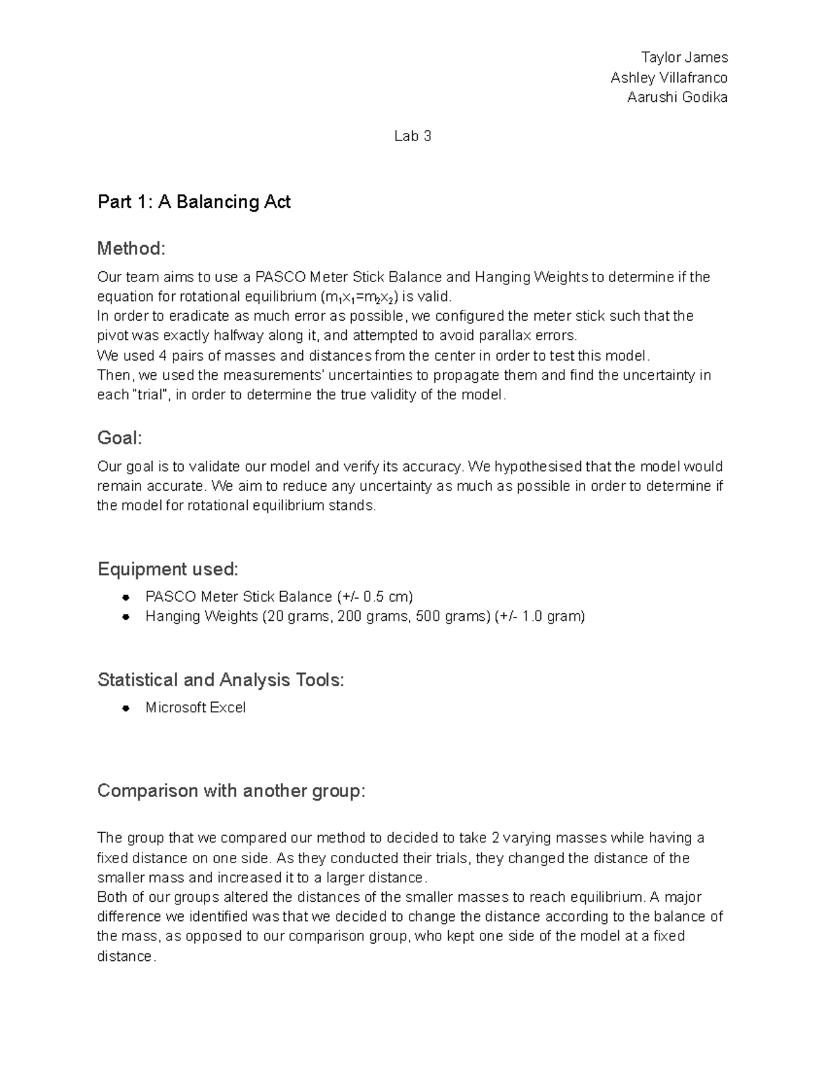 Lab 3: Rotational Equilibrium Validation Using PASCO Meter Stick ...