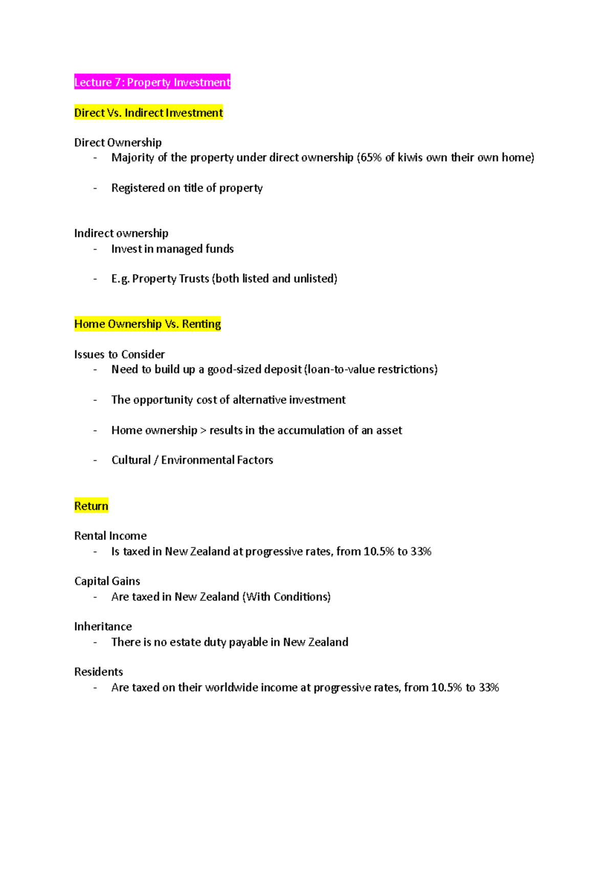 Lecture 7 Notes - Property Investment - Lecture 7: Property Investment ...