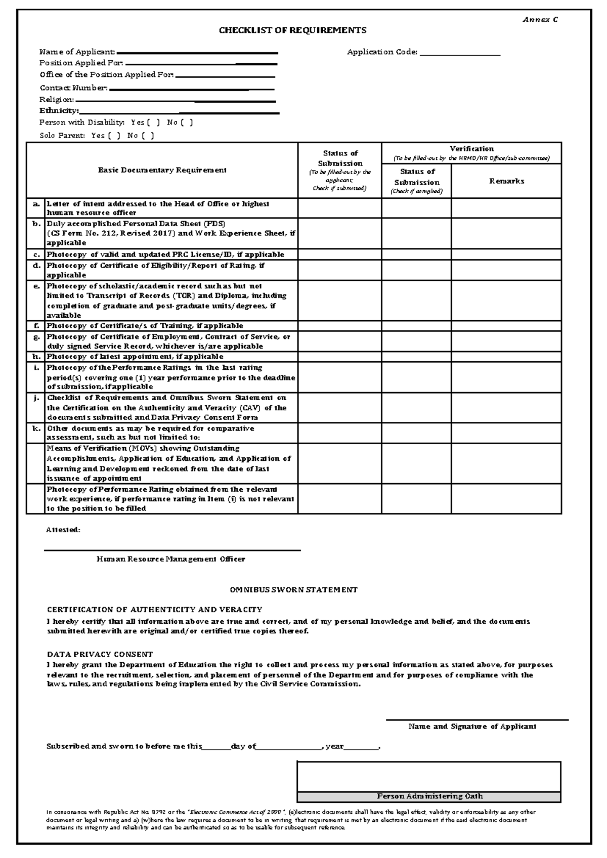 Annex-C Checklist of Requirements and Omnibus Sworn Statement Form ...