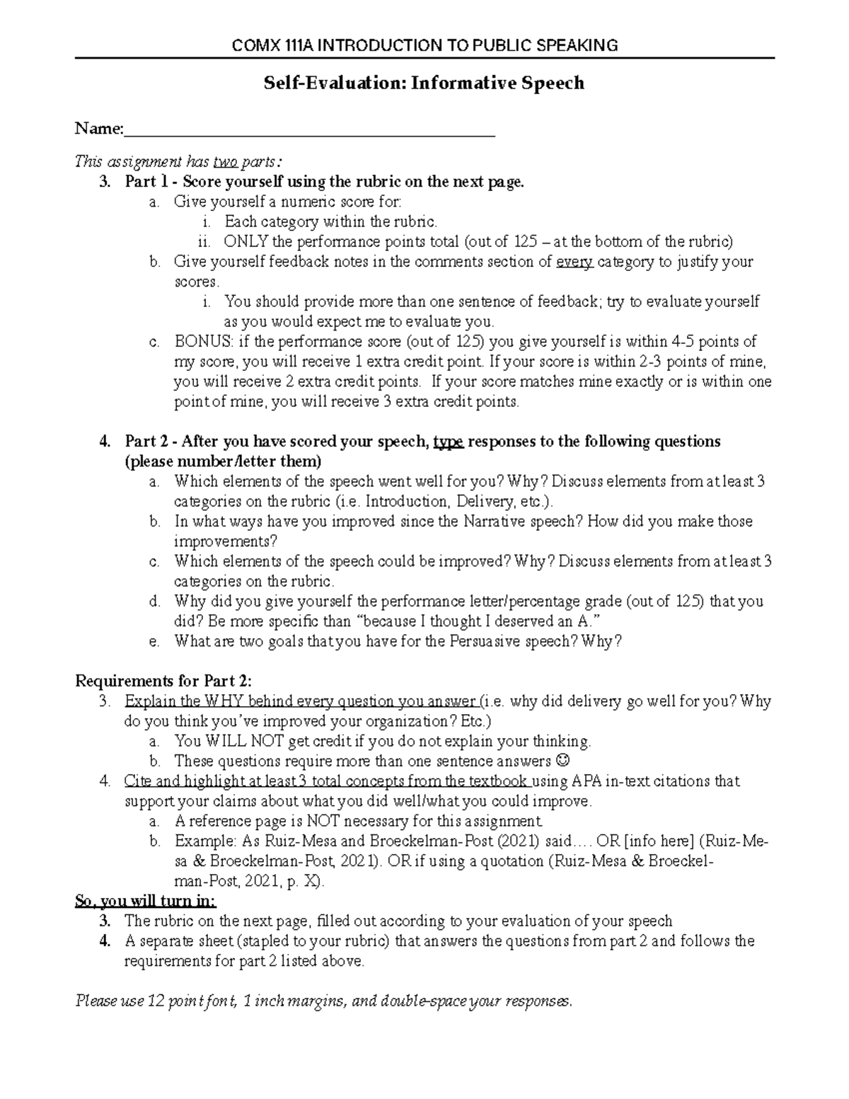Informative Speech Self Evaluation - COMX 111A INTRODUCTION TO PUBLIC ...