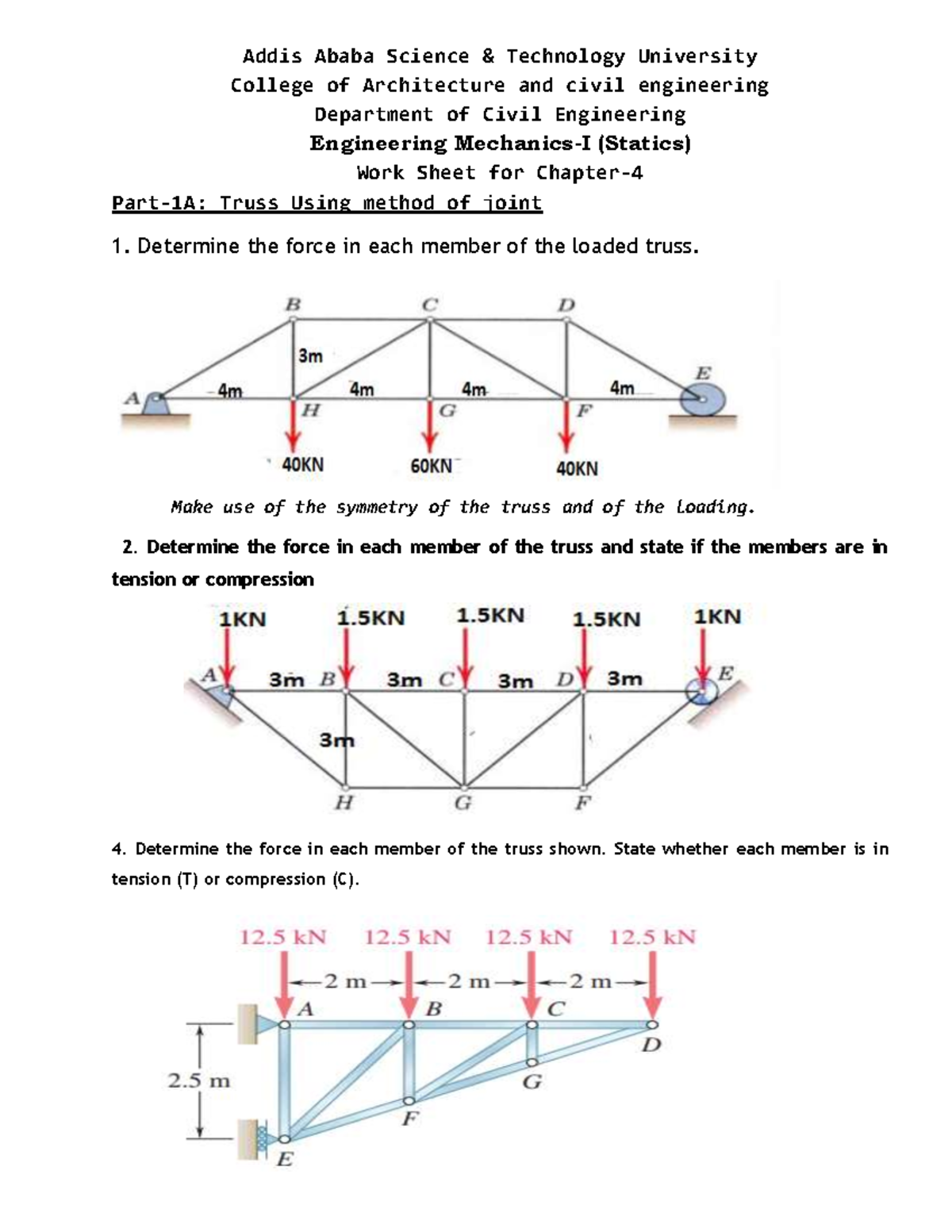 Chapter 4 Worksheet - Engineering Mechanics I (Statics) - Studocu