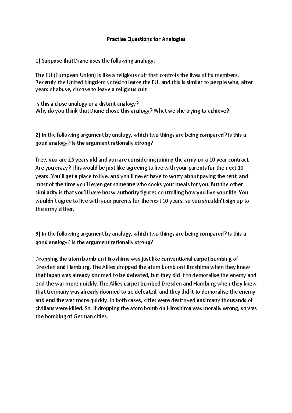 Practice Questions for Analogies: Analyzing Comparisons and Arguments ...