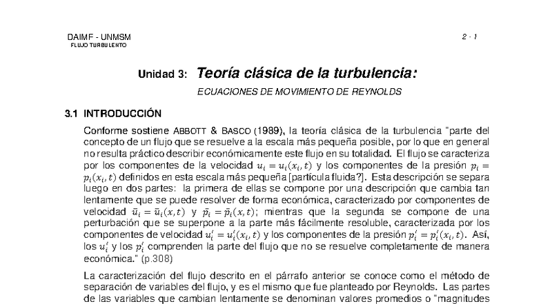 DAIMF UNMSM FLUJO TURBULENTO Unidad 3: Teoría Clásica y Ecuaciones de ...