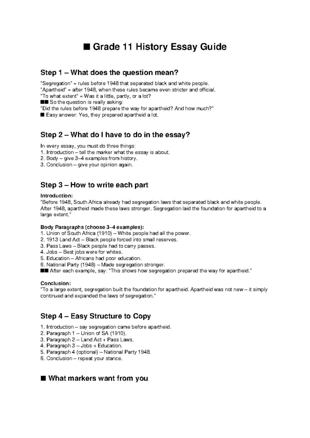 Grade 11 History Essay Guide: Understanding Apartheid Foundations - Studocu