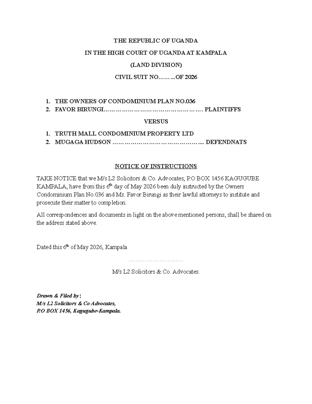 Civil Suit 2026: Owners of Condominium Plan No.036 vs. Truth Mall Ltd ...
