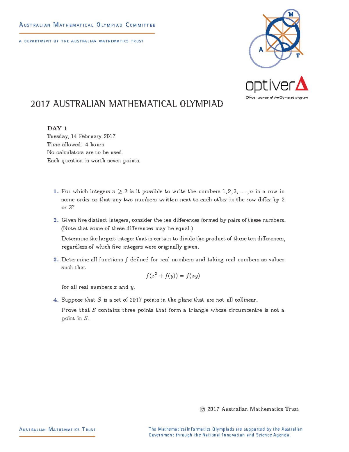 2017 AMO Paper & Solutions: Australian Mathematical Olympiad - Studocu
