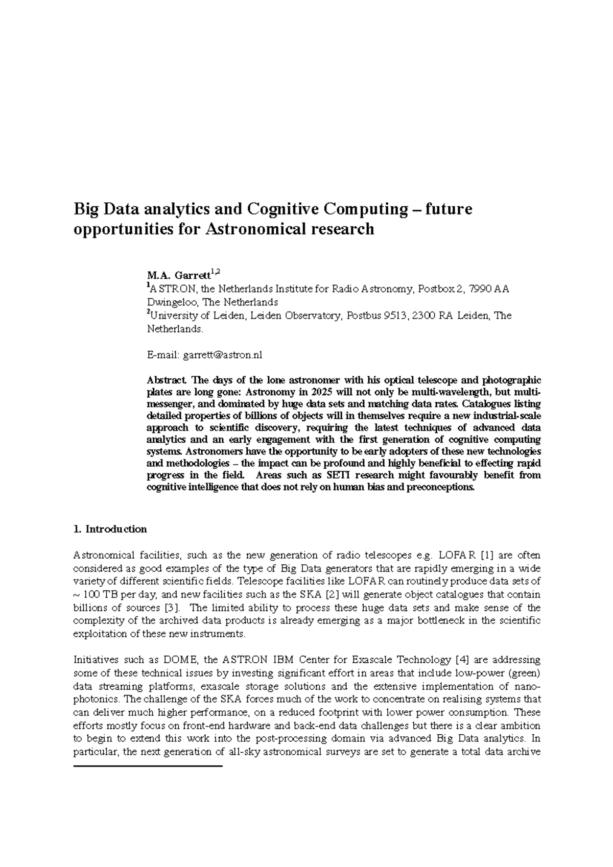 Big Data analytics and Cognitive Computing future - Garrett 1 , 1 ASTRON, the Netherlands ...