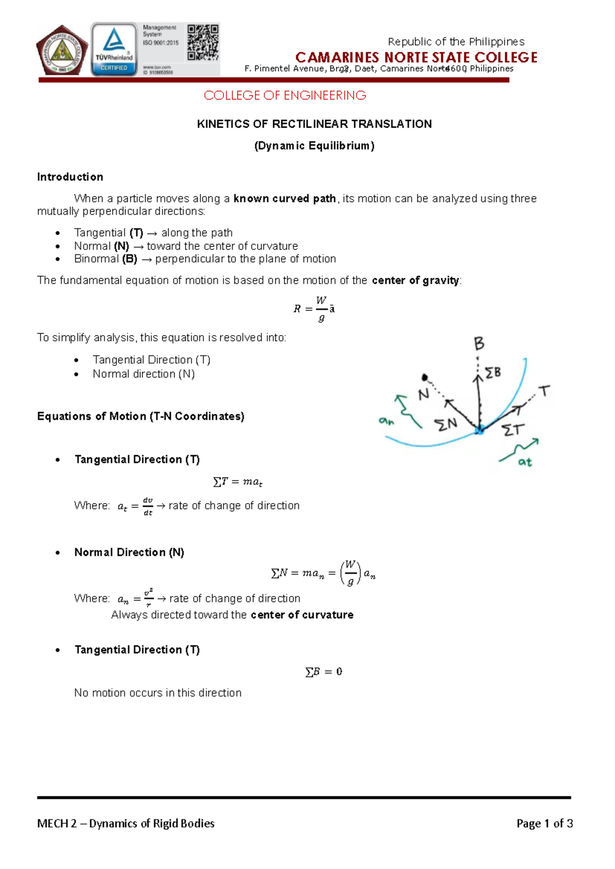 MECH 2 Dynamics of Rigid Bodies: Kinetics of Rectilinear Translation ...