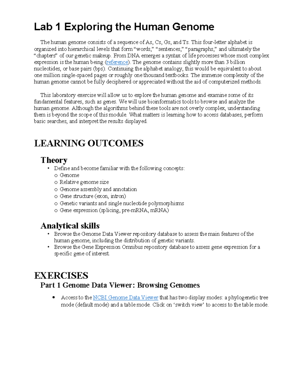 Lab 1 - Genetics Lab 1: Exploring the Human Genome Project - Studocu