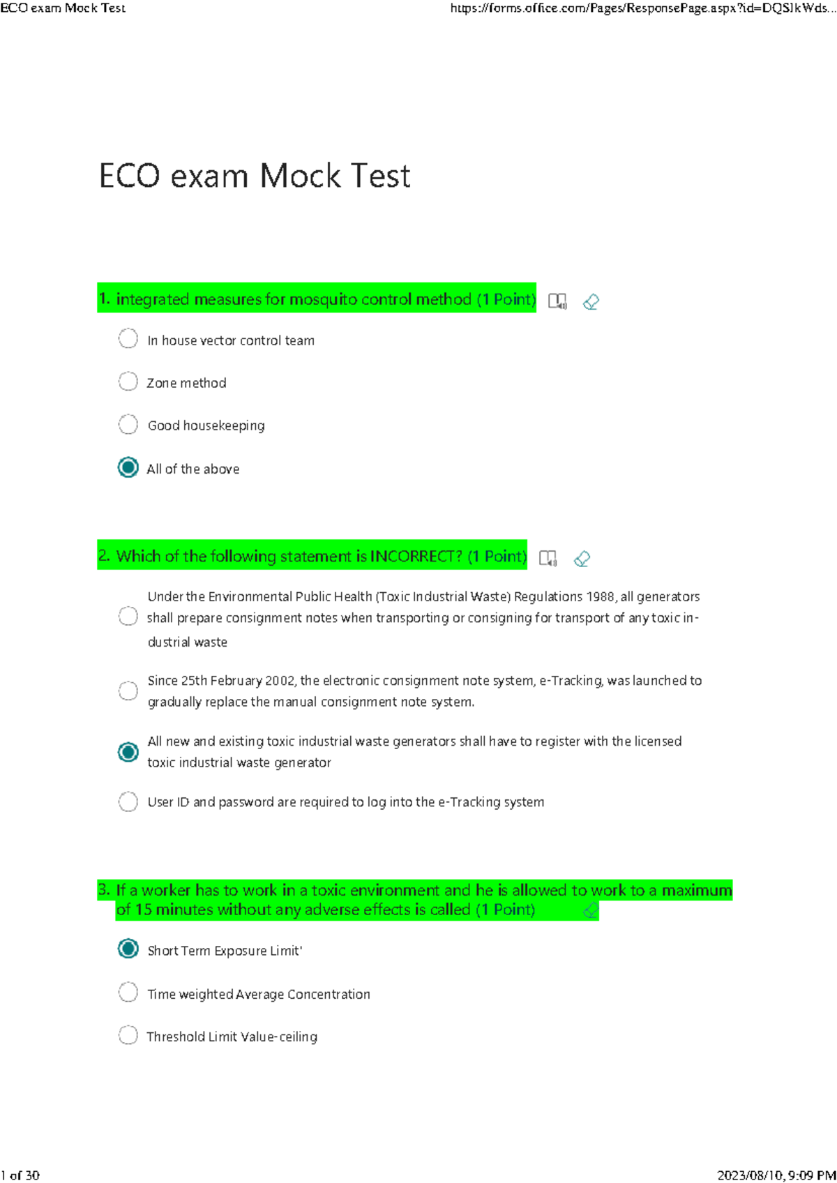 ECO 100 MCQ Mock Test 1: Environmental Health & Safety - Studocu