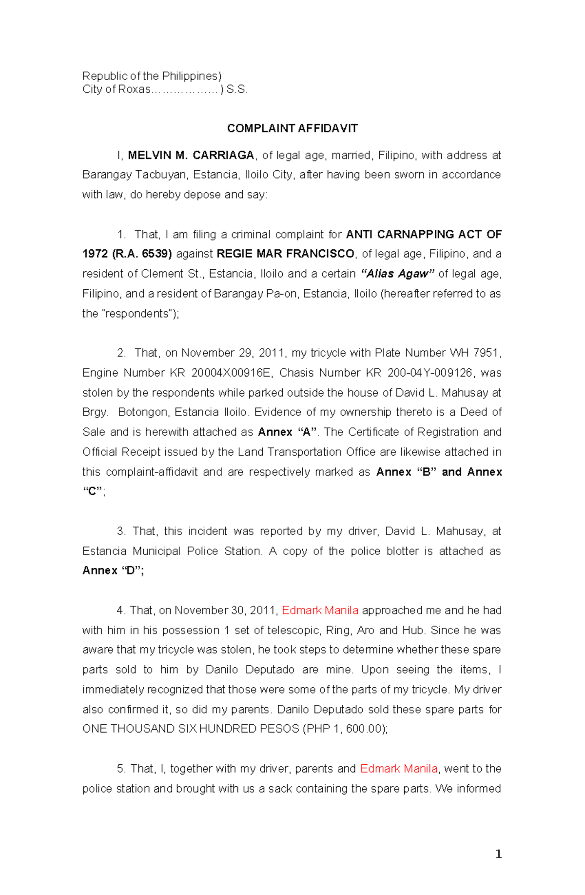 333487154 Complaint Affidavit for Carnapping Case Filed - Studocu