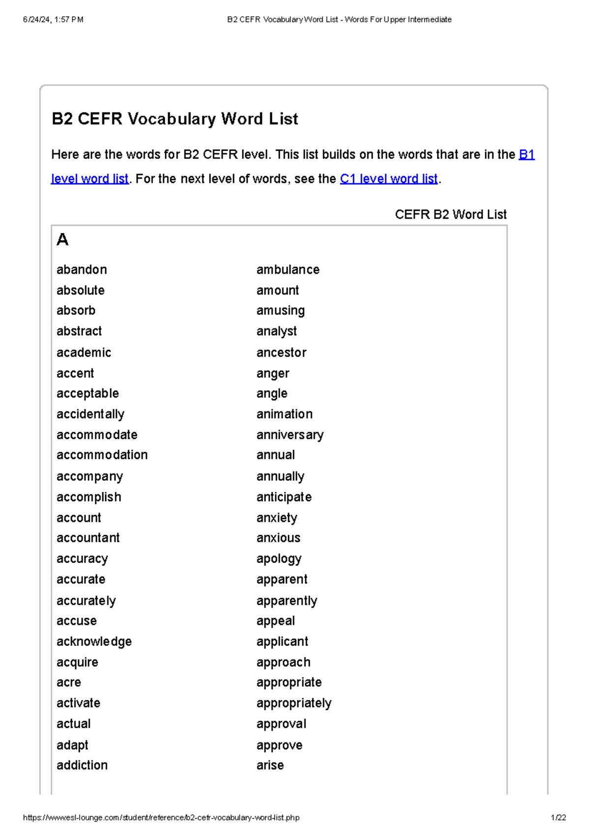 B2 CEFR Vocabulary Word List for Upper-Intermediate Learners - Studocu