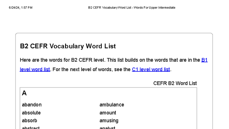 B2 CEFR Vocabulary Word List for Upper-Intermediate Learners - Studocu