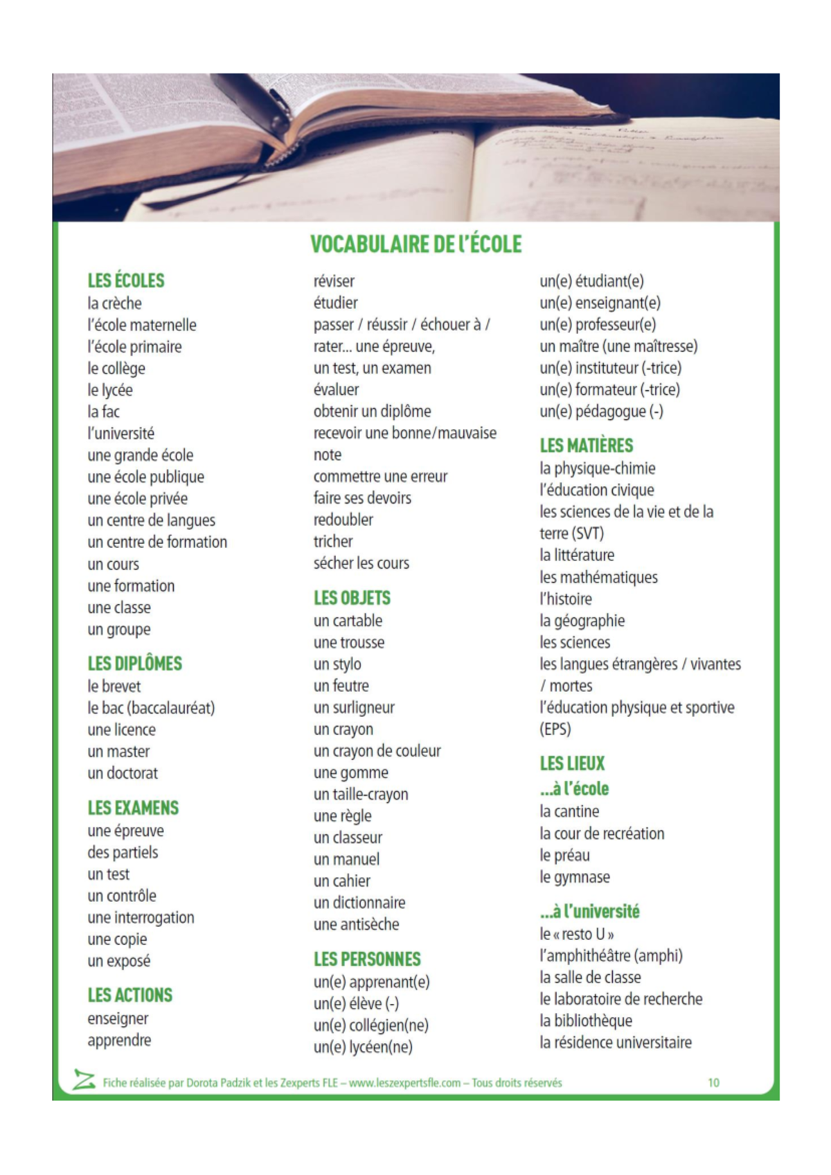 Fiche de Vocabulaire: Les Études et Écoles (FLE) - Studocu