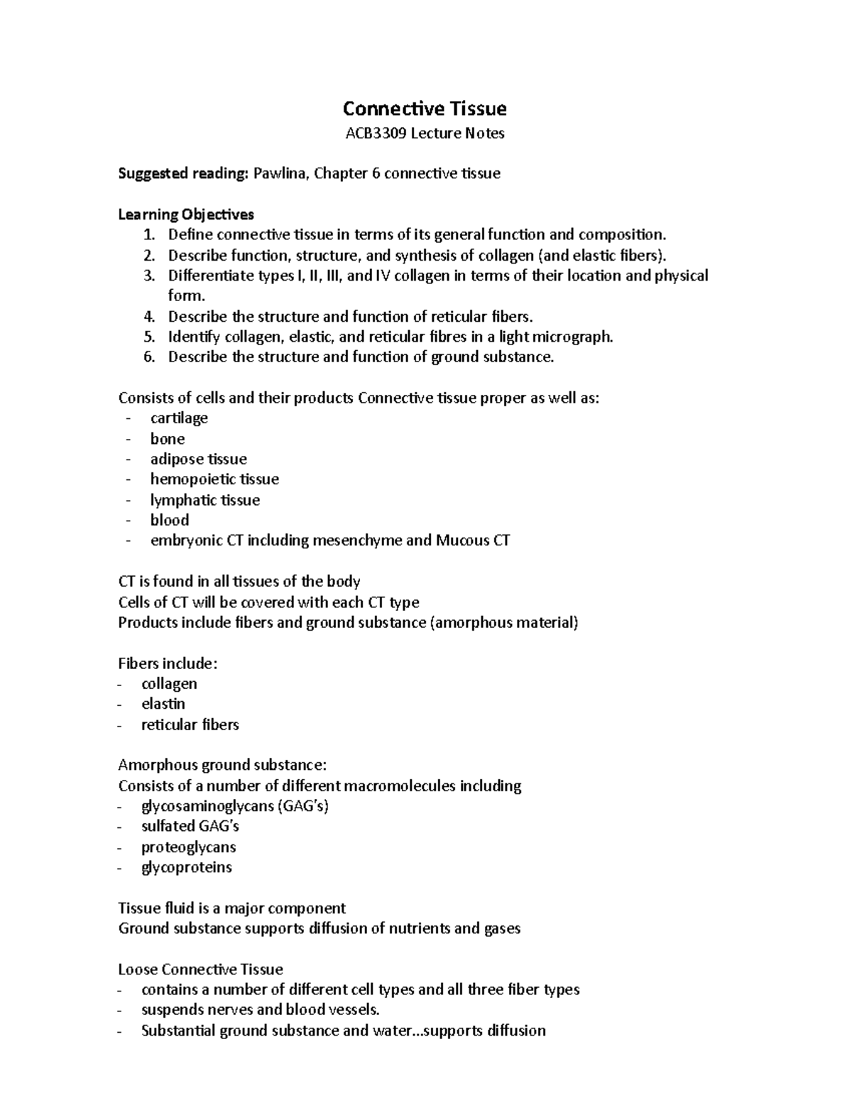 ACB3309 Lecture Notes: Connective Tissue & Collagen Structure - Studocu