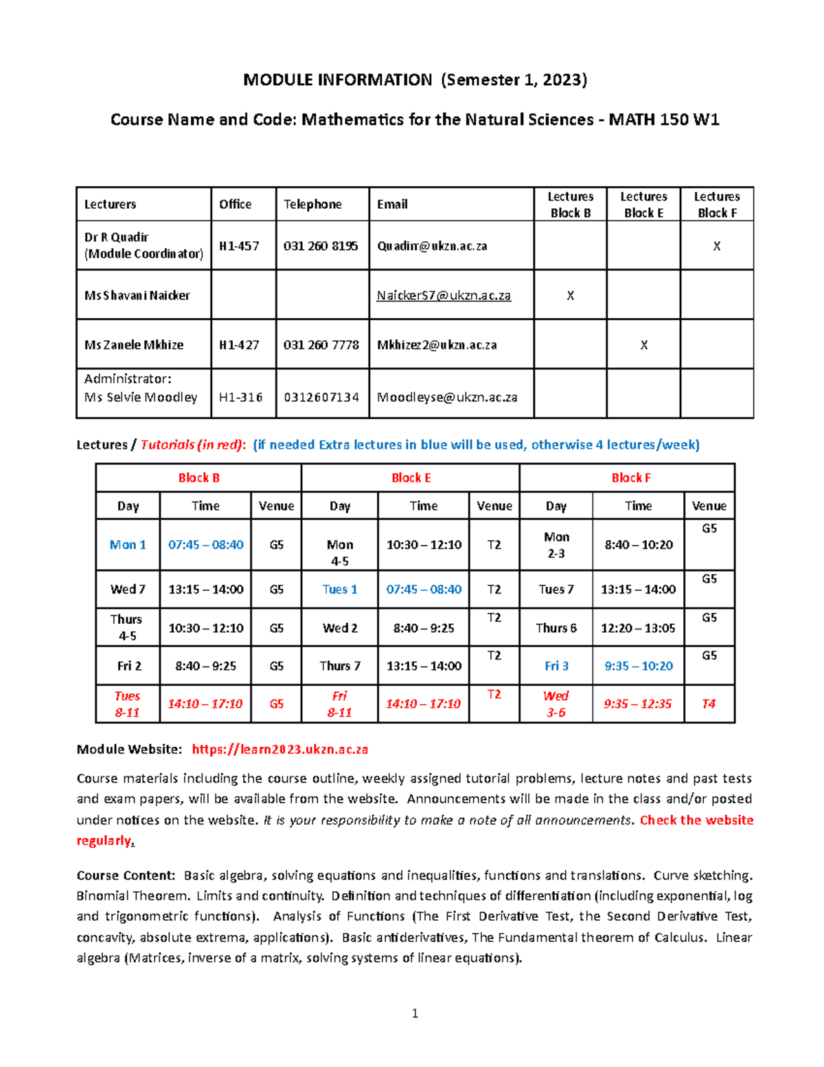Course Information Math150W1 2023 - MODULE INFORMATION (Semester 1 ...